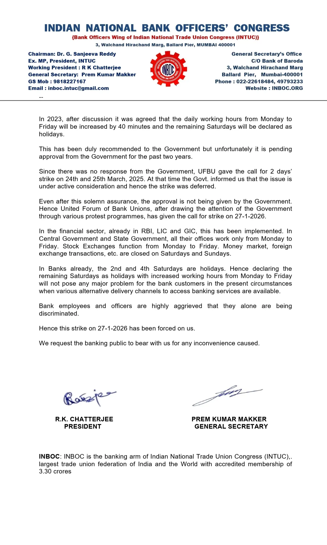 UFBU Press Release 22 January 2026: Banks will remain closed on 27 ...